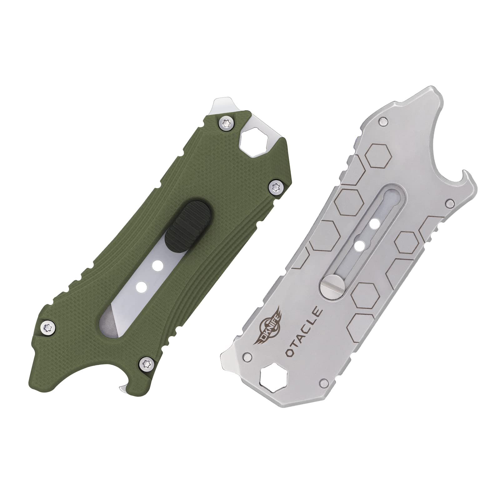 OKNIFE Otacle EDC Retractable Utility Knife, Box Opener Razor Knife, Multifunctional Tool with Belt Cutter, Bottle Opener, Hex Wrench and 6.35 mm Slotted Screwdriver(Olive green)