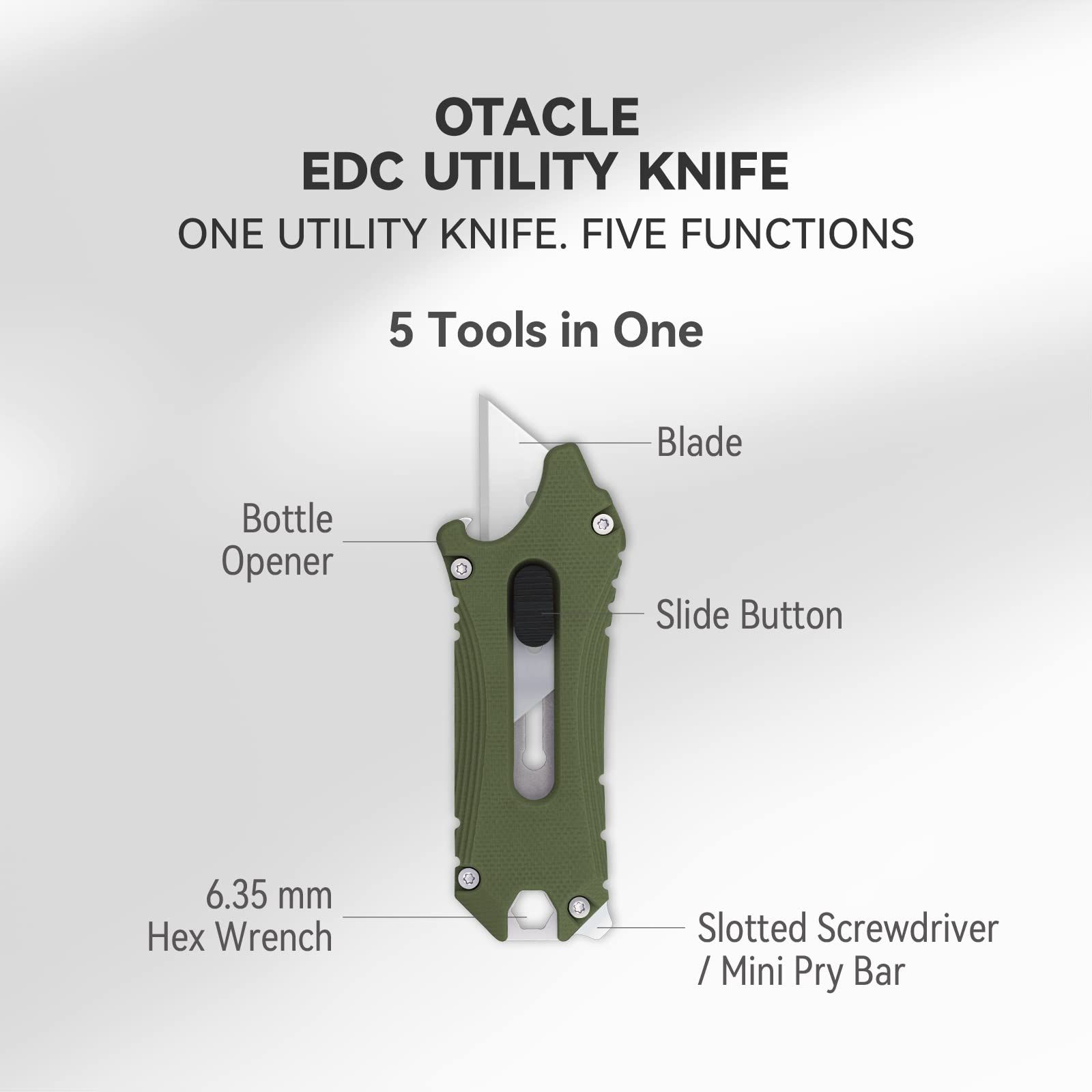 OKNIFE Otacle EDC Retractable Utility Knife, Box Opener Razor Knife, Multifunctional Tool with Belt Cutter, Bottle Opener, Hex Wrench and 6.35 mm Slotted Screwdriver(Olive green)