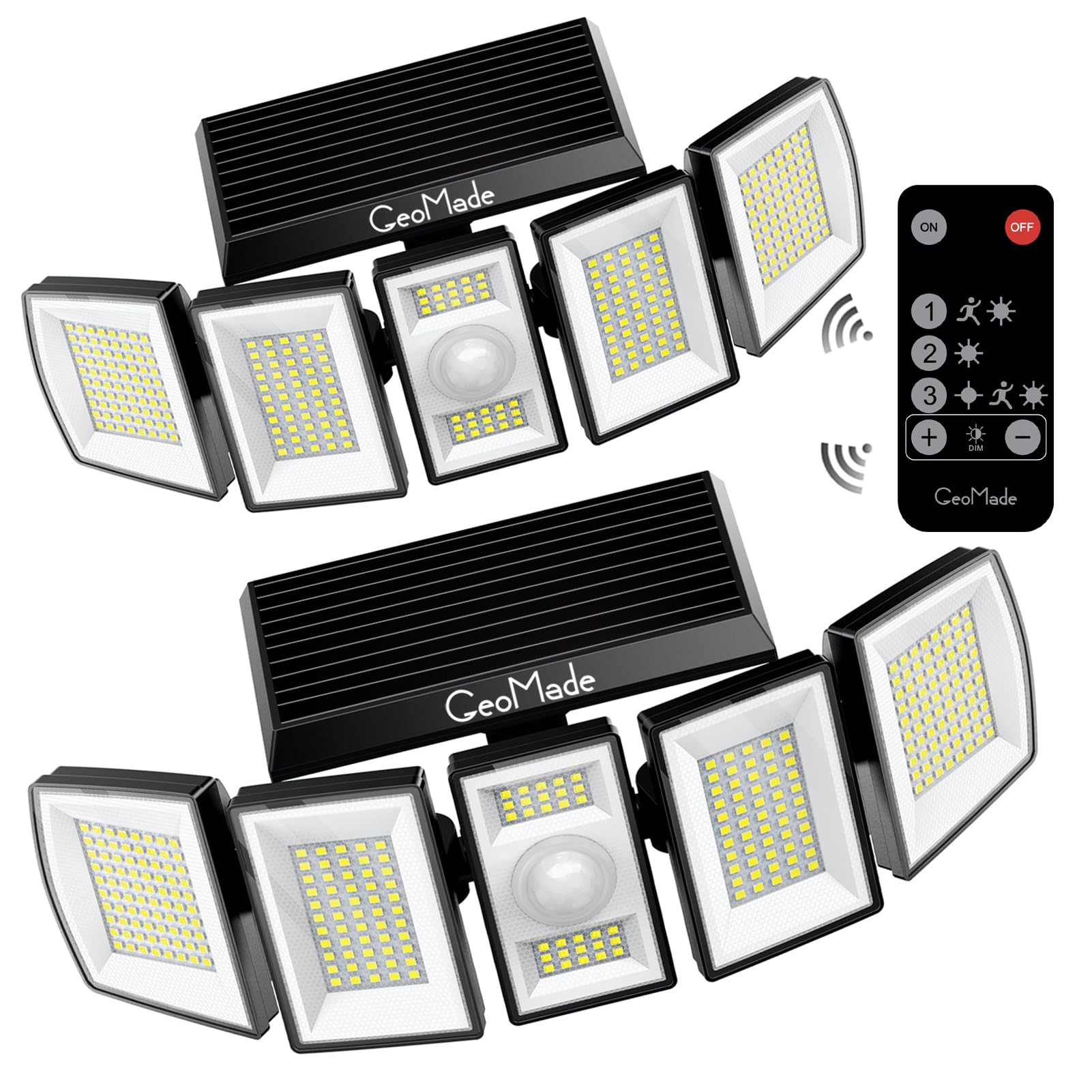 GeoMade Bright Solar Flood Lights Outdoor Waterproof Dusk to Dawn, Powered Security Spot Lighting, Motion Sensor Lamp for Yard Outside House Patio Backyard Porch Power 300 LED (5Head*2Pack)