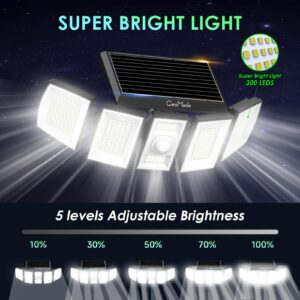 GeoMade Bright Solar Flood Lights Outdoor Waterproof Dusk to Dawn, Powered Security Spot Lighting, Motion Sensor Lamp for Yard Outside House Patio Backyard Porch Power 300 LED (5Head*2Pack)