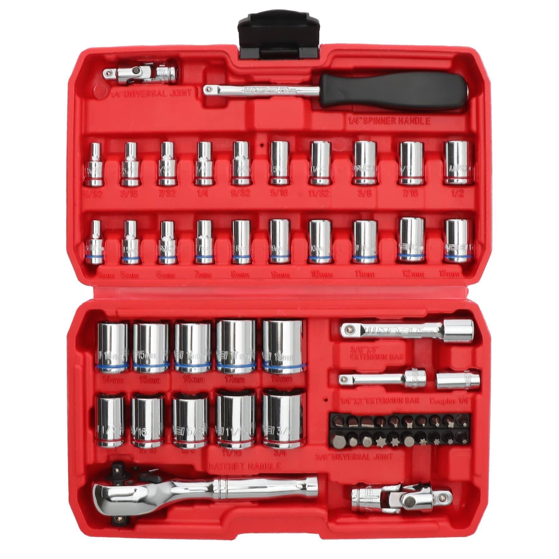 LLNDEI 57pcs 3/8 &1/4 Inch Drive Socket Wrench Sets, Dual Head 72-Teeth 2 Ways Ratchets, 6 Point Metric/SAE Sockets, CR-V, Extensions with 1/4-inch Dr. Bits Set, Universal Joint(5/32-3/4Inch,4-19mm)