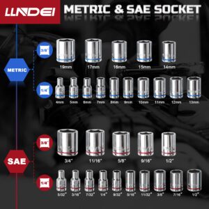 LLNDEI 57pcs 3/8 &1/4 Inch Drive Socket Wrench Sets, Dual Head 72-Teeth 2 Ways Ratchets, 6 Point Metric/SAE Sockets, CR-V, Extensions with 1/4-inch Dr. Bits Set, Universal Joint(5/32-3/4Inch,4-19mm)