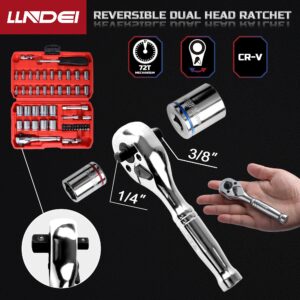 LLNDEI 57pcs 3/8 &1/4 Inch Drive Socket Wrench Sets, Dual Head 72-Teeth 2 Ways Ratchets, 6 Point Metric/SAE Sockets, CR-V, Extensions with 1/4-inch Dr. Bits Set, Universal Joint(5/32-3/4Inch,4-19mm)