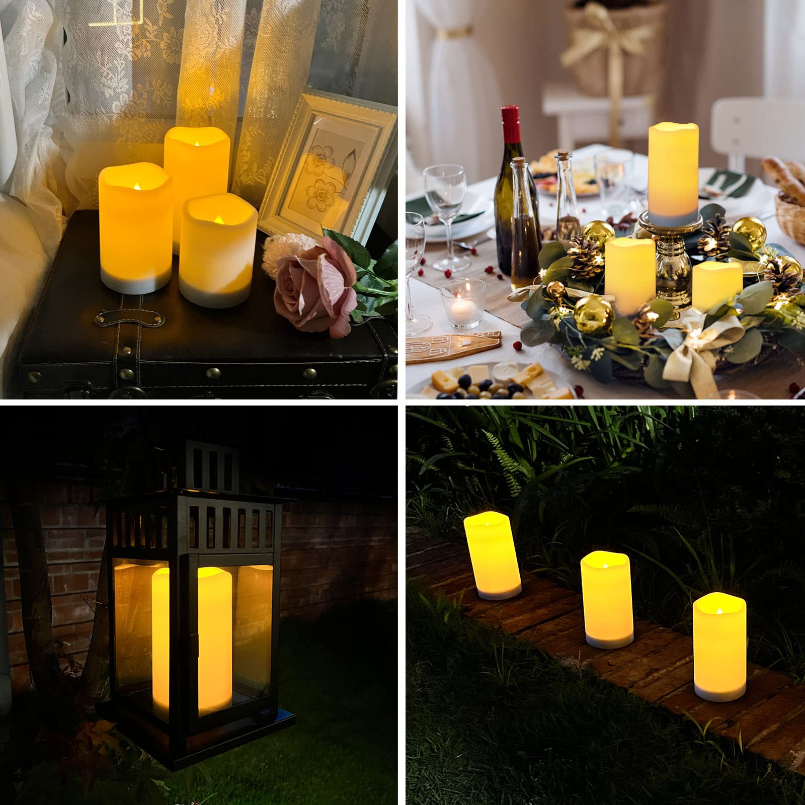 NURADA Large Outdoor Solar Powered Candles - Flameless Pillar Waterproof Rechargeable Candle Set, White Resin, LED Light,Rechargeable Solar Battery Included, for Patio Decor, 3.25"x4"5" 6"