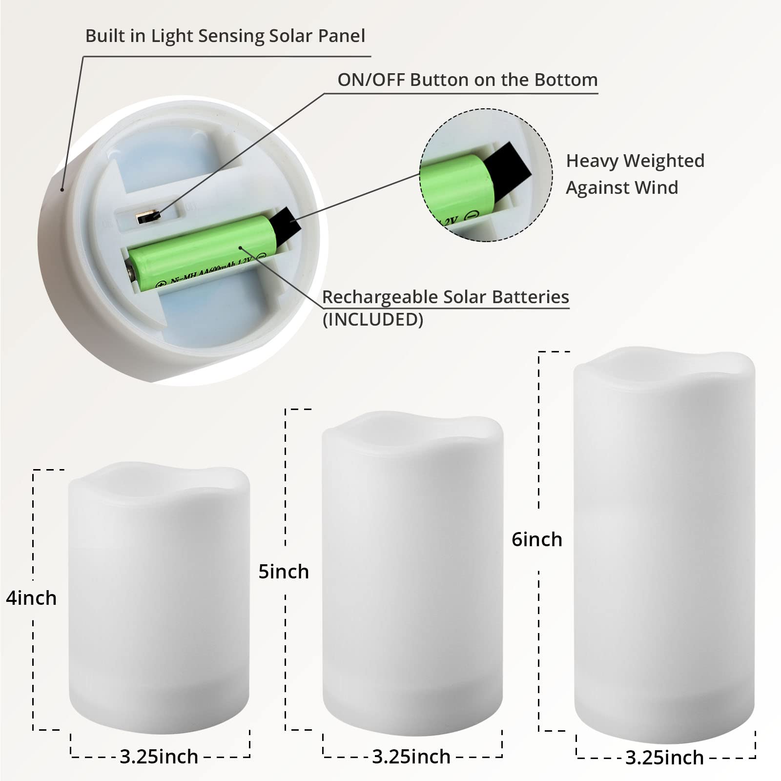 NURADA Large Outdoor Solar Powered Candles - Flameless Pillar Waterproof Rechargeable Candle Set, White Resin, LED Light,Rechargeable Solar Battery Included, for Patio Decor, 3.25"x4"5" 6"