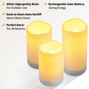 NURADA Large Outdoor Solar Powered Candles - Flameless Pillar Waterproof Rechargeable Candle Set, White Resin, LED Light,Rechargeable Solar Battery Included, for Patio Decor, 3.25"x4"5" 6"