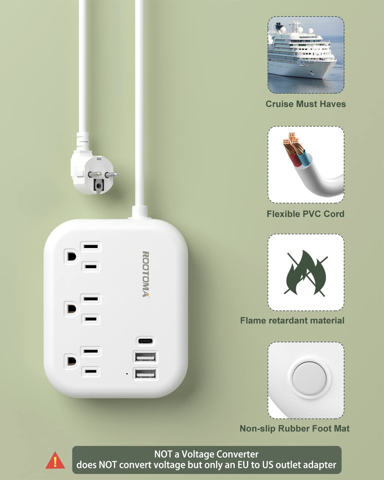 European Travel Plug Adapter with USB C, ROOTOMA Outlet Converter US to Europe 3 Outlets 3 USB Ports, International Power Strip for EU Spain France Germany Iceland Greece, 3ft, White