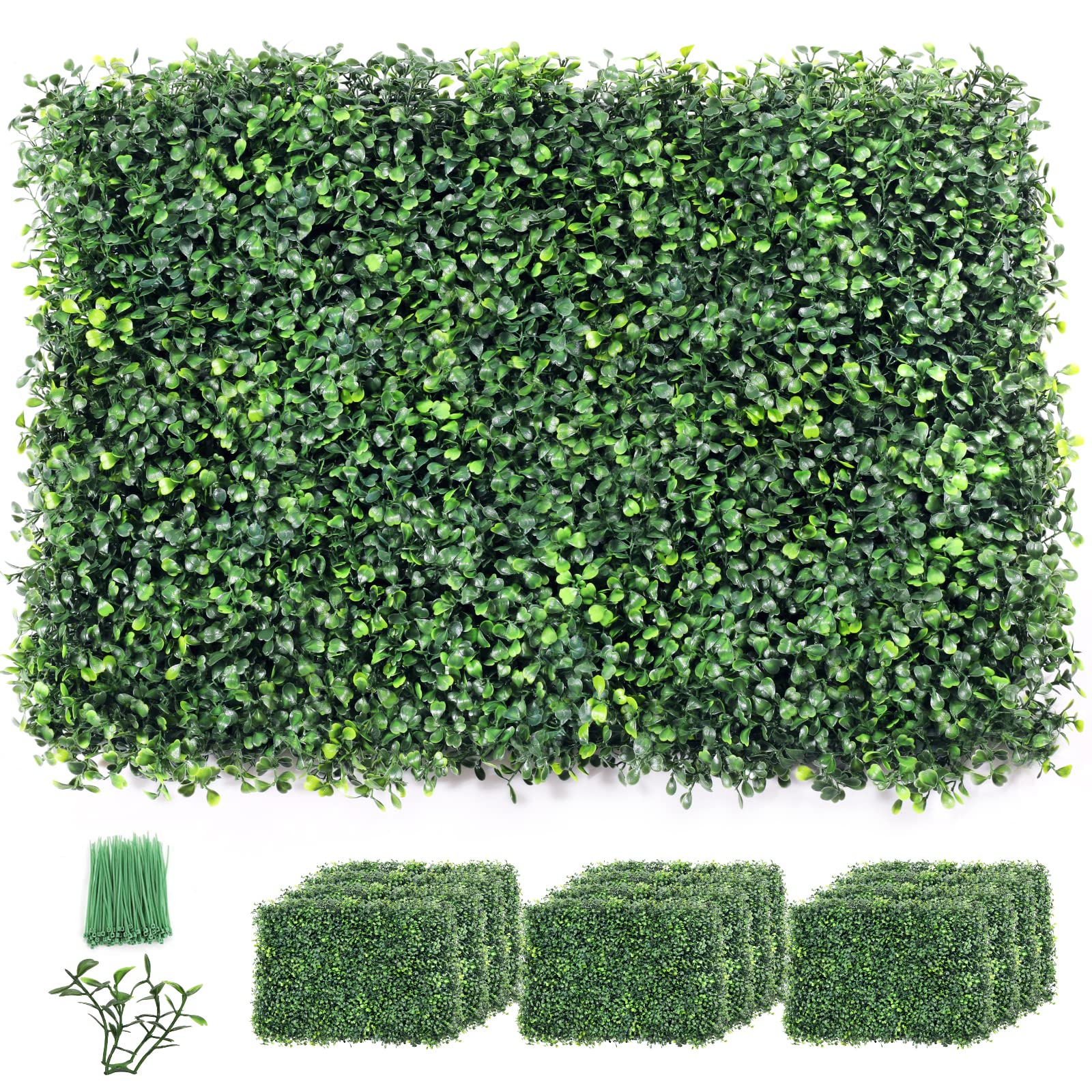 Yuego 12 Packs Grass Wall Boxwood Panels, 24" x 16" Artificial Green Topiary Hedge Plants for Privacy Fence Screen Sun Protected, Greenery Walls Backdrop for Indoor, Outdoor, Garden, Backyard Decor