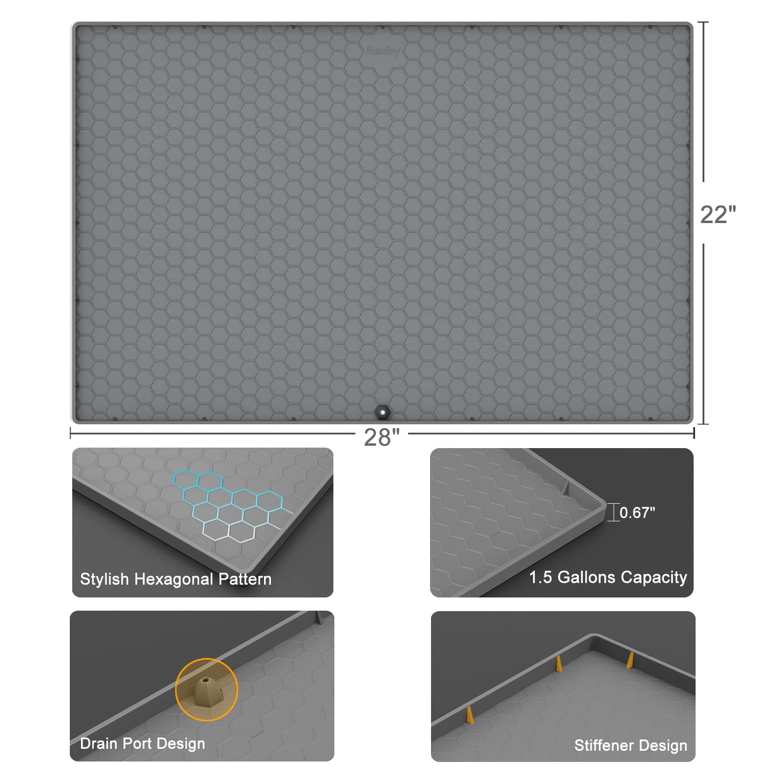 AECHY Under Sink Mats for Kitchen Waterproof, 28" x 22" Under Sink Tray, Under Kitchen Sink Mat with Unique Drain Hole, Waterproof & Flexible Under Sink Liner for Kitchen and Bathroom Gray