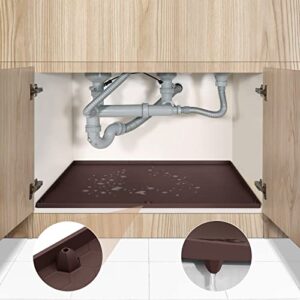 aechy under sink mats for kitchen waterproof, 28" x 22" under sink tray, under kitchen sink mat with unique drain hole, waterproof & flexible under sink liner for kitchen and bathroom brown