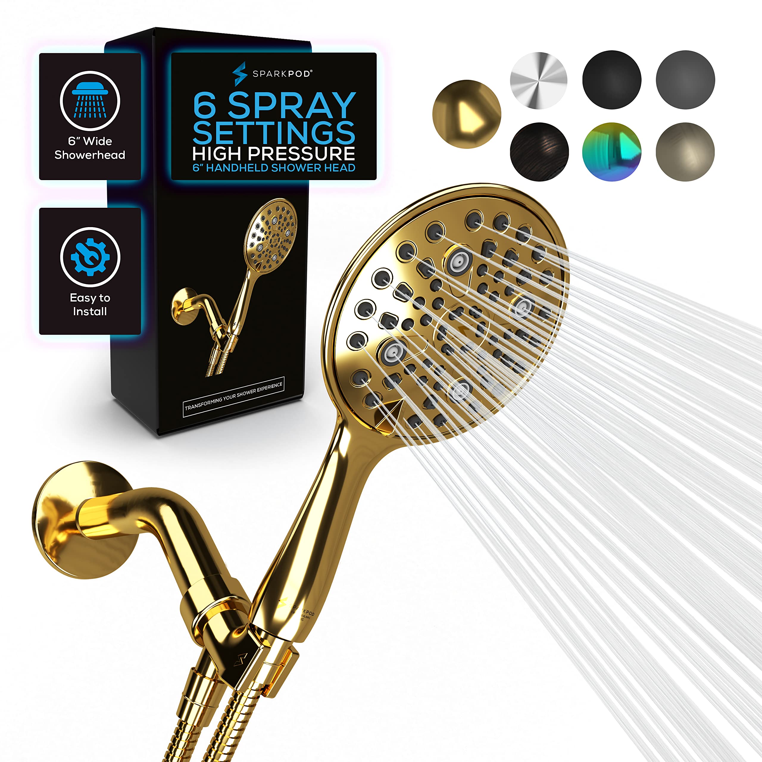 SparkPod 6 Spray Setting High Pressure Hand Held Shower Head - 6" Wide Angle Handheld Shower Head Set with Brass Swivel Ball Bracket and 70 Inch Long Hose - Luxury Design (Egyptian Gold)