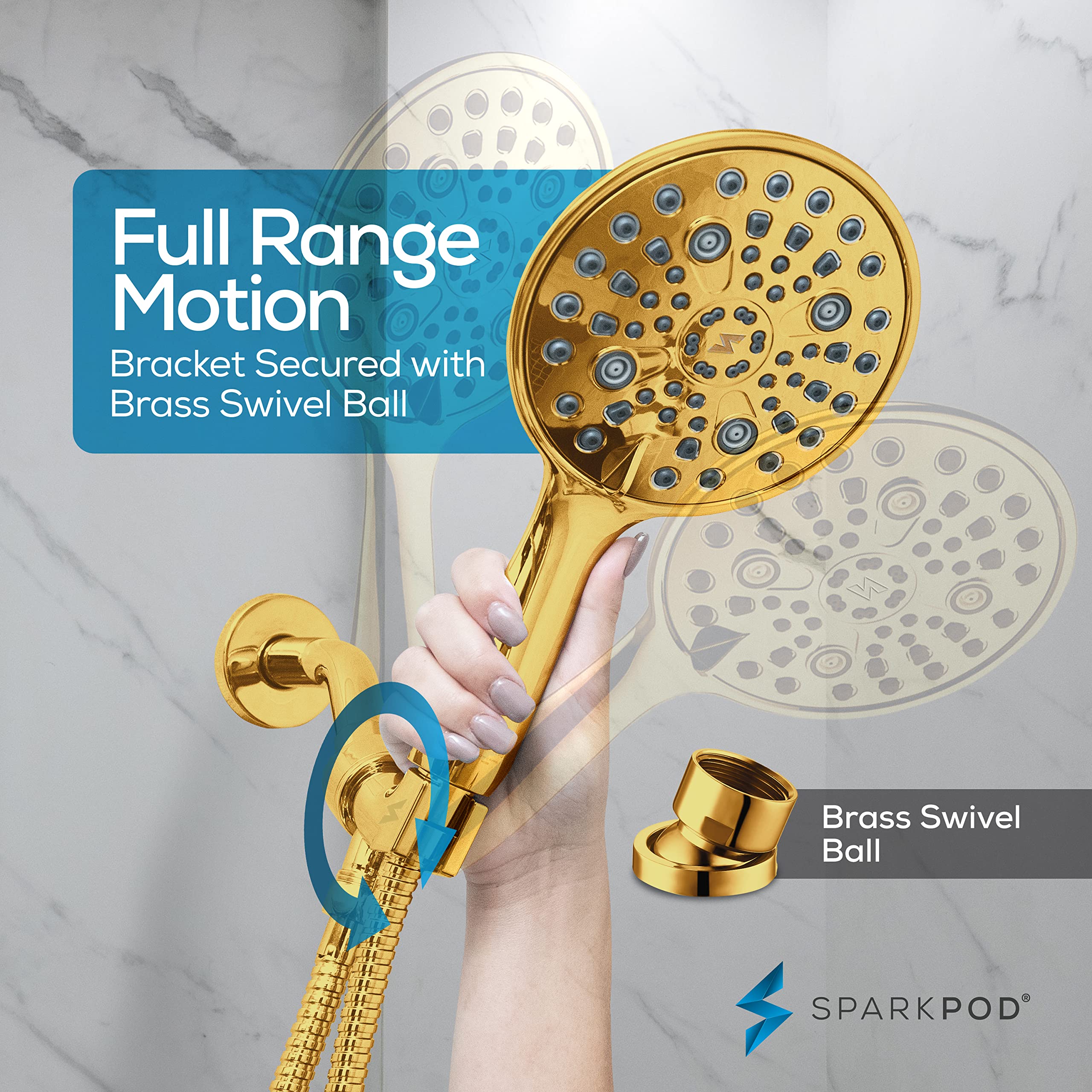 SparkPod 6 Spray Setting High Pressure Hand Held Shower Head - 6" Wide Angle Handheld Shower Head Set with Brass Swivel Ball Bracket and 70 Inch Long Hose - Luxury Design (Egyptian Gold)