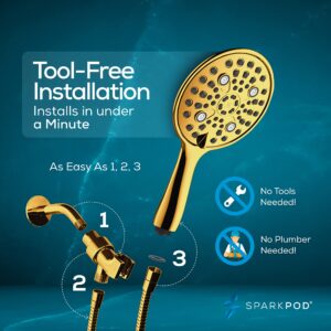 SparkPod 6 Spray Setting High Pressure Hand Held Shower Head - 6" Wide Angle Handheld Shower Head Set with Brass Swivel Ball Bracket and 70 Inch Long Hose - Luxury Design (Egyptian Gold)