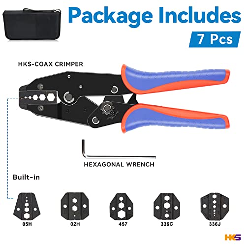 HKS Coax Ratchet Crimping Tool Set for Coaxial RG Cable RF Connector with 5 Changeable Dies