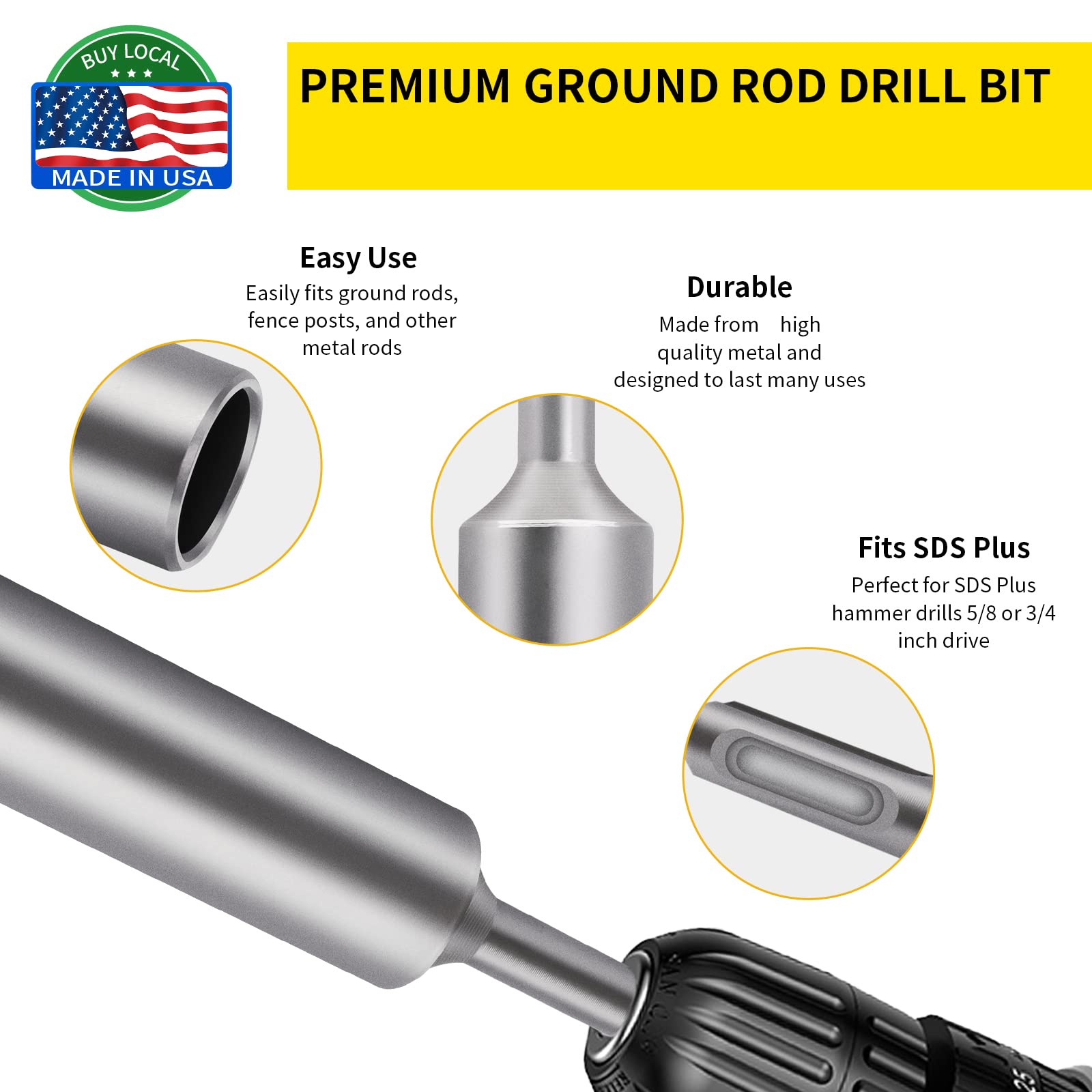 SDS-Plus Ground Rod Driver for 5/8” & 3/4” Ground Rods Great for All SDS Plus Hammer Drills Steel. (1)