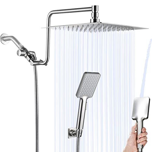 10" Rainfall Shower Head with Handheld Combo High Pressure, Upgrade 12" Extension Arm Height Adjustable, Powerful Stainless Steel Shower Head Brass Shower Holder Extra Long Shower Hose, Brushed Nickel