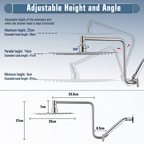 10" Rainfall Shower Head with Handheld Combo High Pressure, Upgrade 12" Extension Arm Height Adjustable, Powerful Stainless Steel Shower Head Brass Shower Holder Extra Long Shower Hose, Brushed Nickel