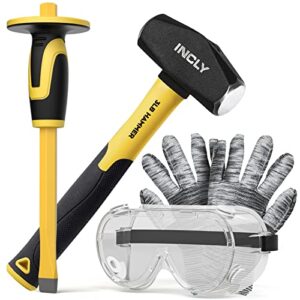 incly 4 pcs geology rock pick equipment kit, 3lb sledge hammer 12" mason concrete flat chisel, safety glasses, gloves, tool set for hounding,gold mining & prospecting, brick stone breaking