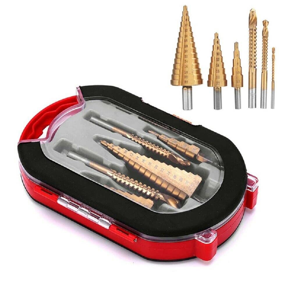 MLYZ 6PCS High-Speed Reaming Pagoda Sawtooth Set,Titanium Plating Drill Bit Set with Box,Multiple Hole Stepped Up Bits for DIY (Box)