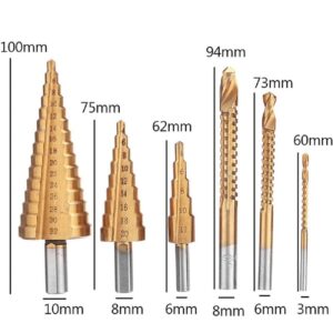 MLYZ 6PCS High-Speed Reaming Pagoda Sawtooth Set,Titanium Plating Drill Bit Set with Box,Multiple Hole Stepped Up Bits for DIY (Box)