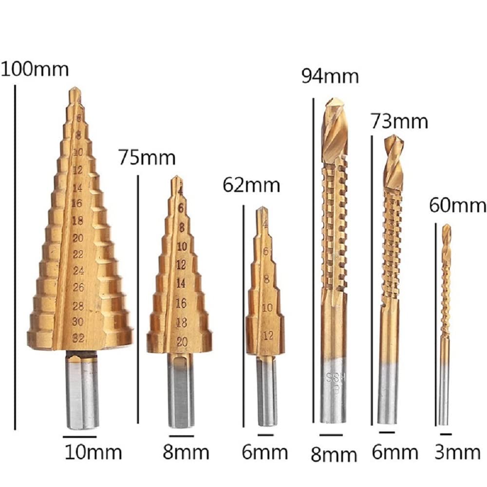 MLYZ 6PCS High-Speed Reaming Pagoda Sawtooth Set,Titanium Plating Drill Bit Set with Box,Multiple Hole Stepped Up Bits for DIY (Box)