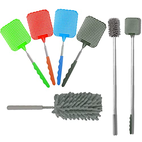 Retractable Fly Swatters Durable Plastic Fly Swatter Heavy Duty Set of 4 with Extendable Microfiber Feather Duster, Telescopic Flyswatter with Stainless Steel Handle for Indoor/Outdoor/Classroom