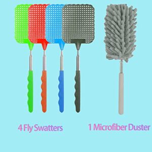 Retractable Fly Swatters Durable Plastic Fly Swatter Heavy Duty Set of 4 with Extendable Microfiber Feather Duster, Telescopic Flyswatter with Stainless Steel Handle for Indoor/Outdoor/Classroom