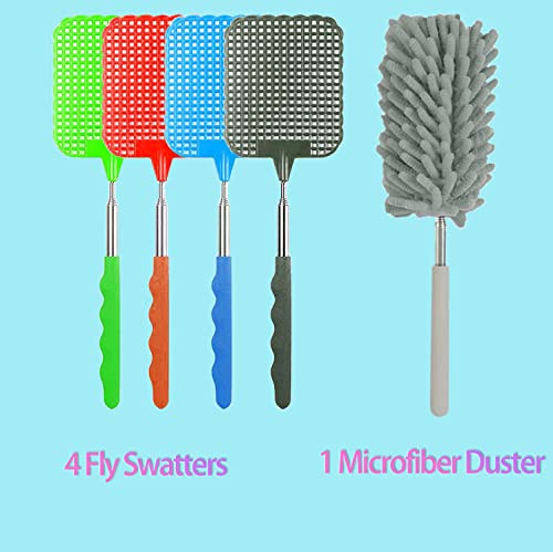 Retractable Fly Swatters Durable Plastic Fly Swatter Heavy Duty Set of 4 with Extendable Microfiber Feather Duster, Telescopic Flyswatter with Stainless Steel Handle for Indoor/Outdoor/Classroom