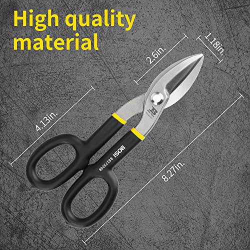 B BOSI TOOLS 8 Inch Straight Pattern Tin Snips Metal Cutters, High Strength Forged and Heat Treated Carbon Steel with Comfortable Black Rubber Handle