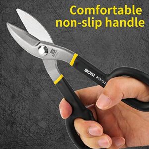 B BOSI TOOLS 8 Inch Straight Pattern Tin Snips Metal Cutters, High Strength Forged and Heat Treated Carbon Steel with Comfortable Black Rubber Handle