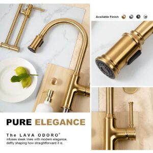 Brushed Gold Kitchen Faucet with Pull Down Sprayer, Lava Odoro Single Handle Gold Kitchen Sink Faucet, Brushed Brass Faucet for Kitchen Sink 1 Hole and 3 Hole, Deck Plate Included, KF421-SG