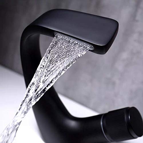 DITOSH Bathroom Sink Waterfall Faucet, Modern Waterfall Bathroom Faucet Single Hole Vanity Sink Faucet Single Handle Hot and Cold Basin Mixer Tap with 2 Hoses (Matte Black)