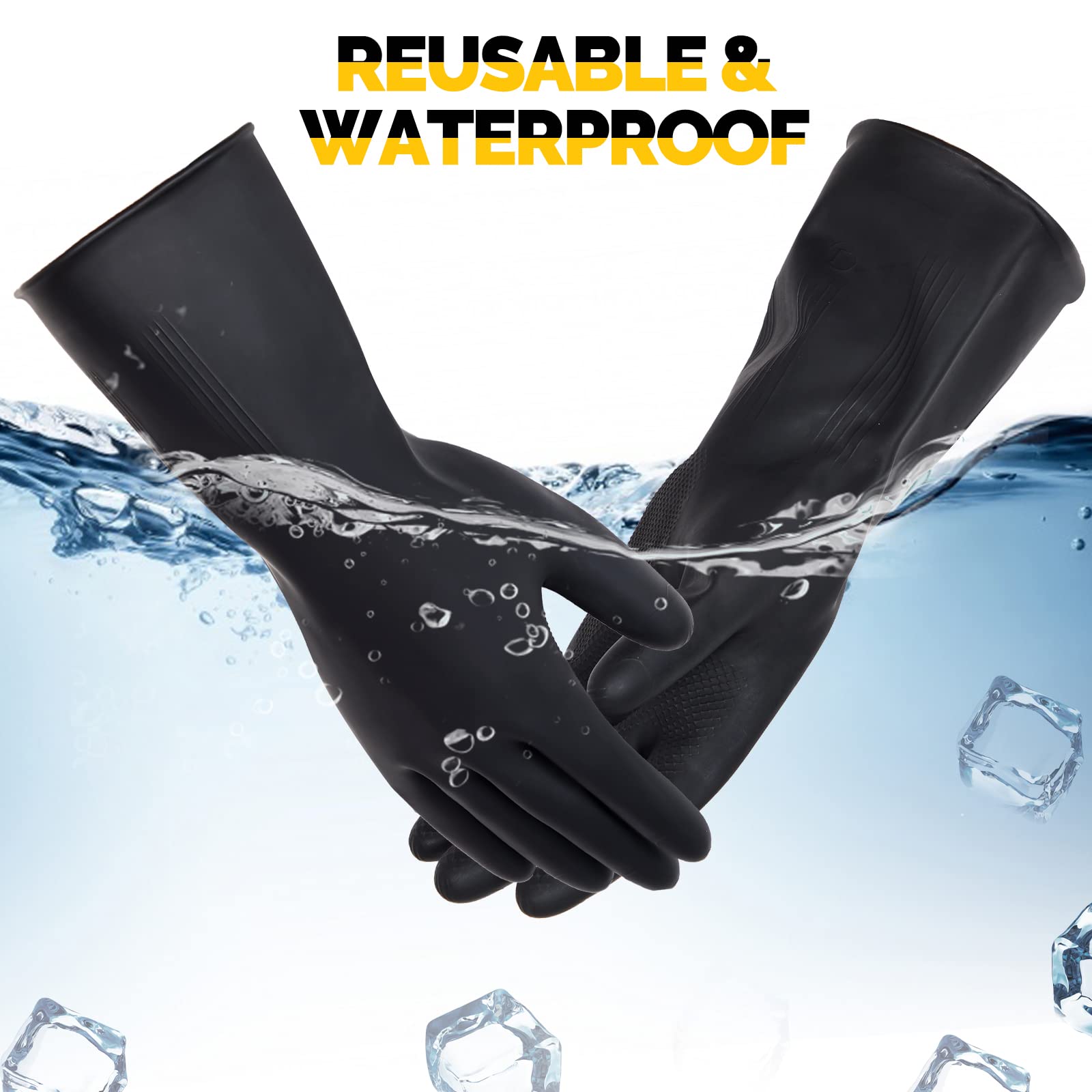 Chumia 8 Pair Chemical Resistant Latex Gloves Heavy Duty Black Rubber Gloves Cleaning Protective Safety Work Gloves for Car Home Lab, 12.6 x 4.5 Large