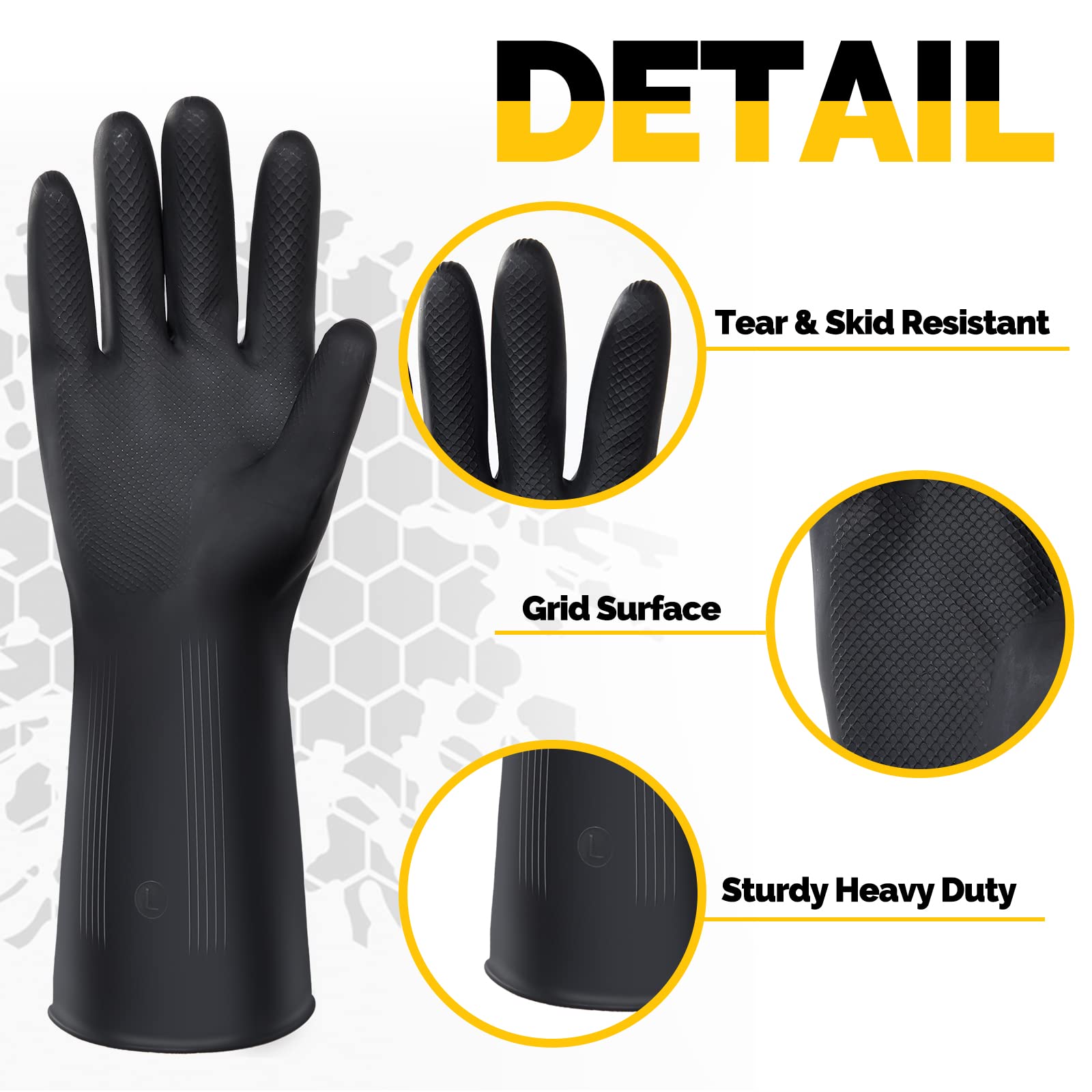 Chumia 8 Pair Chemical Resistant Latex Gloves Heavy Duty Black Rubber Gloves Cleaning Protective Safety Work Gloves for Car Home Lab, 12.6 x 4.5 Large