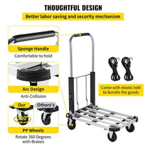 VEVOR Folding Platform Truck, Portable Hand Truck Adjustable Length, Aluminum Push Cart Telescoping Handle with 4 Wheels 330LBS Capacity for Luggage Travel Shopping