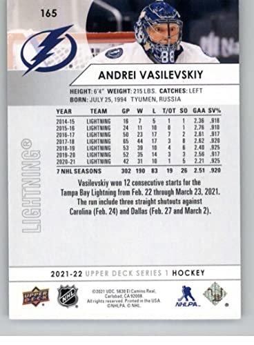 2021-22 Upper Deck #165 Andrei Vasilevskiy Tampa Bay Lightning Series 1 NHL Hockey Base Trading Card