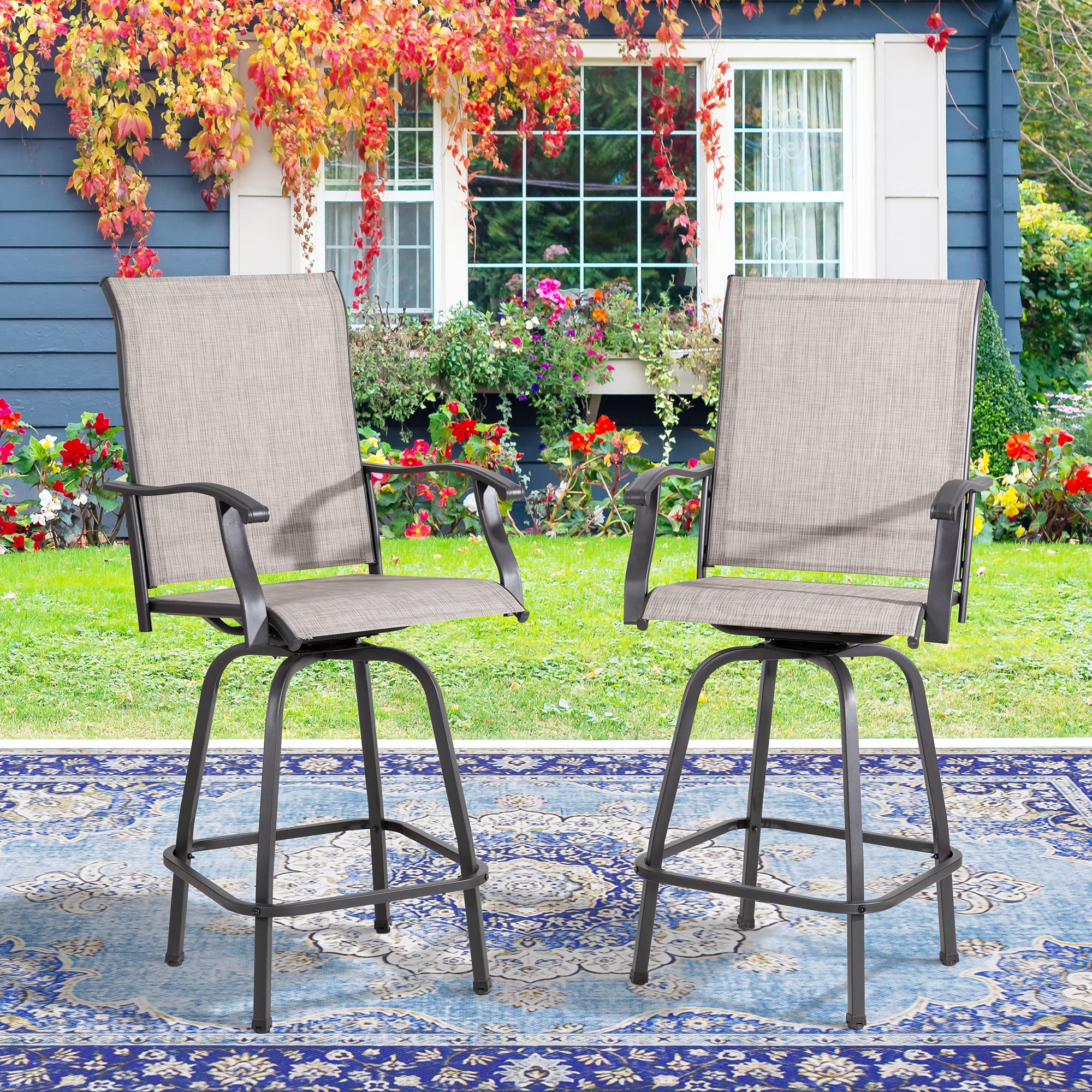 Vongrasig 2 Piece Patio Swivel Bar Chairs, All Weather Metal Textile High Swivel Bar Stools Chairs, Outdoor High Top Bistro Set for Backyard, Lawn Garden, Balcony, Taupe