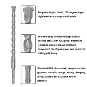 Concrete SDS Plus Rotary Hammer Drill Bit Sets, 5PCS 13In Tungsten Steel Alloy Masonry Double Flute Drill Bits Hole Opening Tool for Brick, Cement, 3/8x13In, 1/2x13In, 5/8x13In, 7/10x13In, 7/8x13In