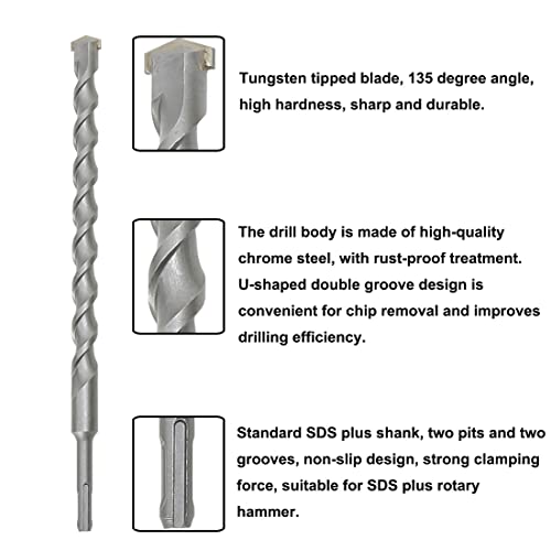 Concrete SDS Plus Rotary Hammer Drill Bit Sets, 5PCS 13In Tungsten Steel Alloy Masonry Double Flute Drill Bits Hole Opening Tool for Brick, Cement, 3/8x13In, 1/2x13In, 5/8x13In, 7/10x13In, 7/8x13In