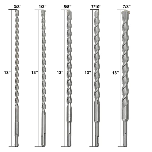 Concrete SDS Plus Rotary Hammer Drill Bit Sets, 5PCS 13In Tungsten Steel Alloy Masonry Double Flute Drill Bits Hole Opening Tool for Brick, Cement, 3/8x13In, 1/2x13In, 5/8x13In, 7/10x13In, 7/8x13In