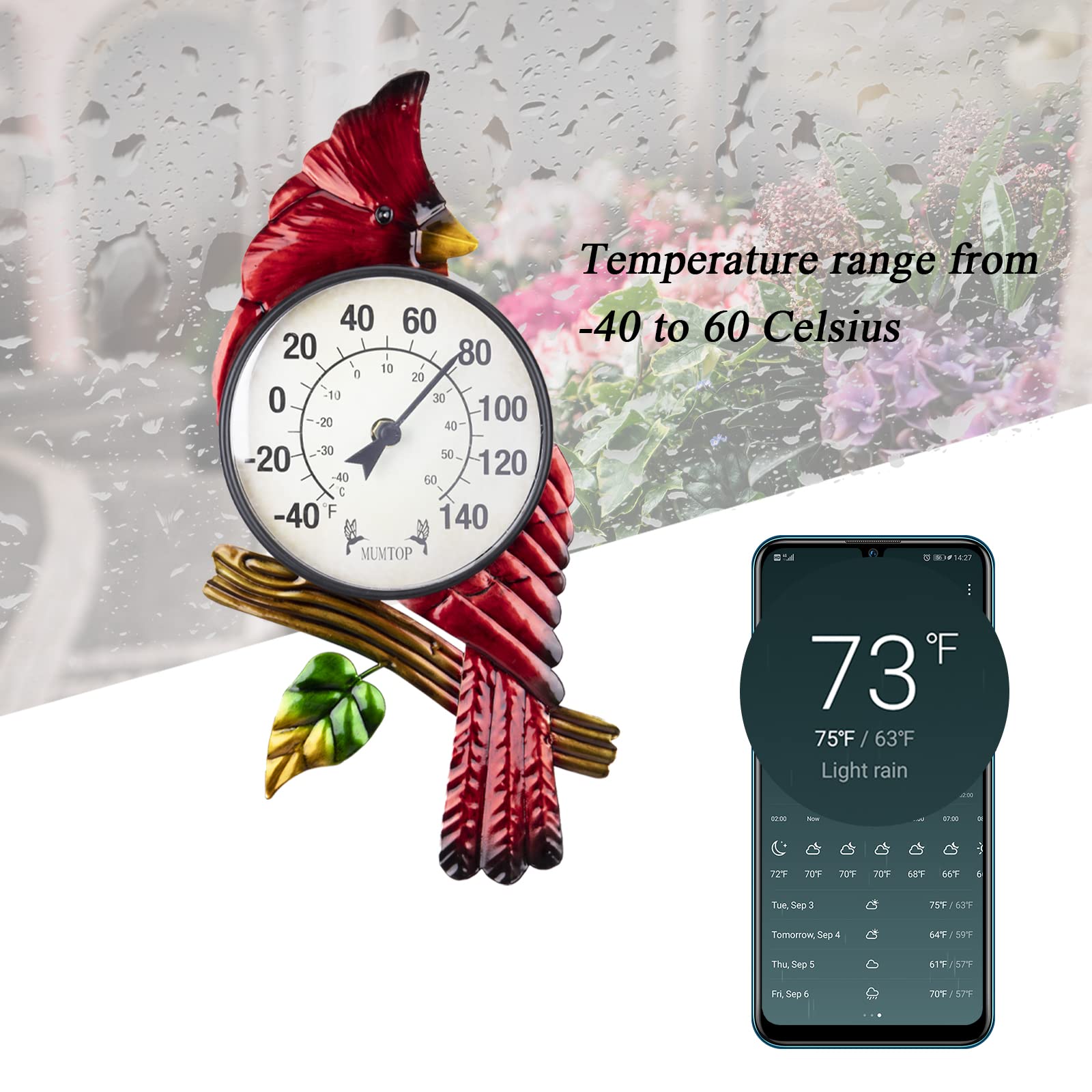 MUMTOP Indoor Outdoor Thermometer, Cardinal Large Number Wall Mounted Thermometer for Patio, Yard, Garden