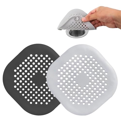 2 Pack Drain Hair Catcher-Durable Silicone Shower Drain Cover Hair Catcher,Hair Catcher with Suction Cups,Can Be Used in Kitchen,Shower,Tub,Washing Machine (Grey+Black)