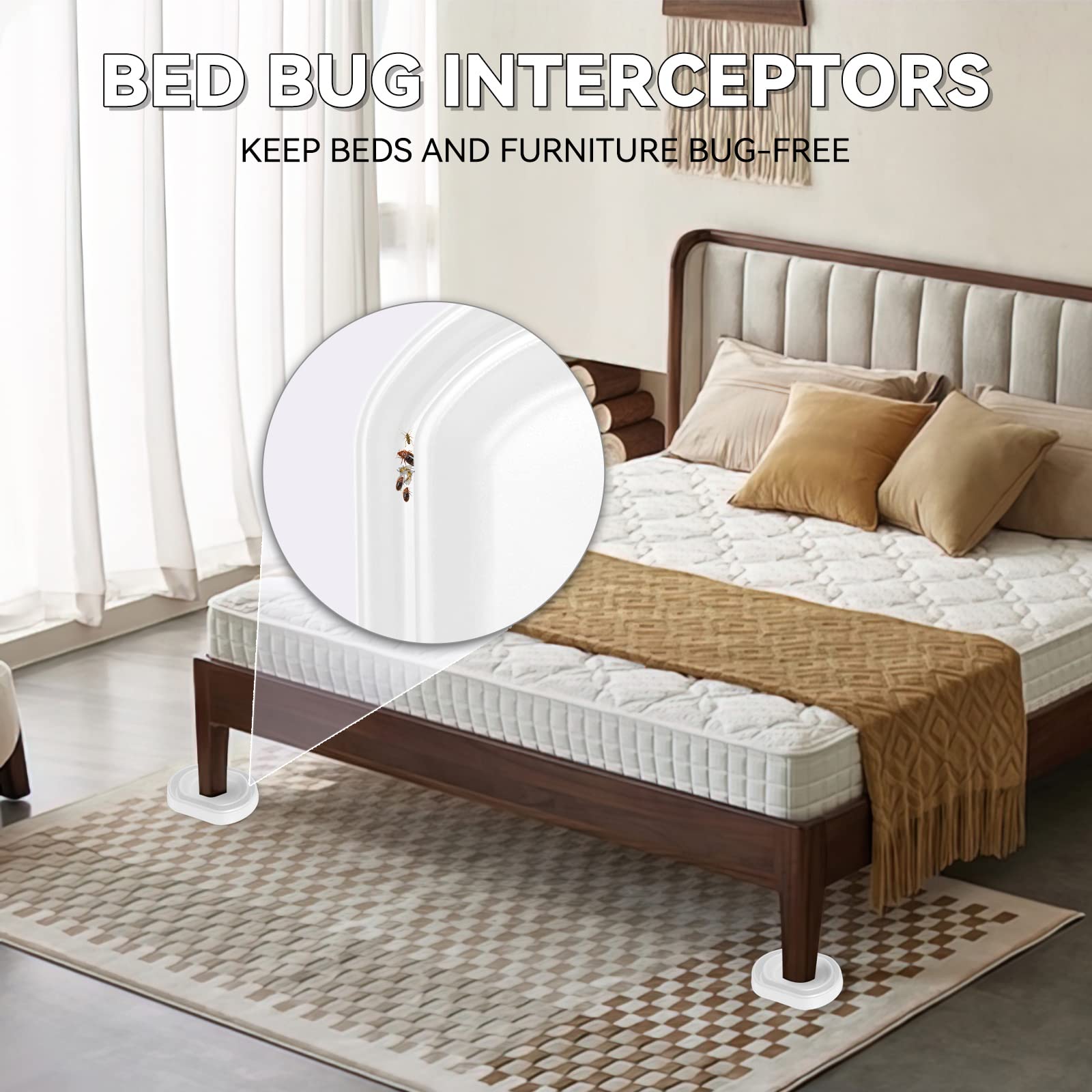 Bed Bug Interceptors | Bed Bug Interceptor Traps | Insect Trap, Monitor, and Detector for Bed Legs (White - 4 pcs)