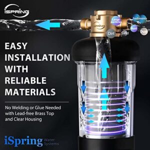 iSpring WSP50J Reusable Whole House Spin-Down Sediment Water Filter, Upgraded Jumbo Size, Large Capacity, 50-Micron Flushable Prefilter Filtration, 1" MNPT + 3/4" FNPT, Lead-Free Brass