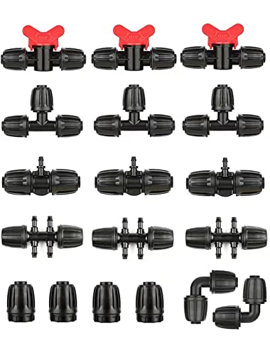 La Farah Drip Irrigation Fittings Kit for 1/2 Inch Tubing -18 Pieces Set- 3 Tees,3 Switch Valves,3 T Connectors,2 Elbows,3pcs 1/2" to 1/4" tubing Reducers,4 End Cap, Barbed Locked Nuts Connectors