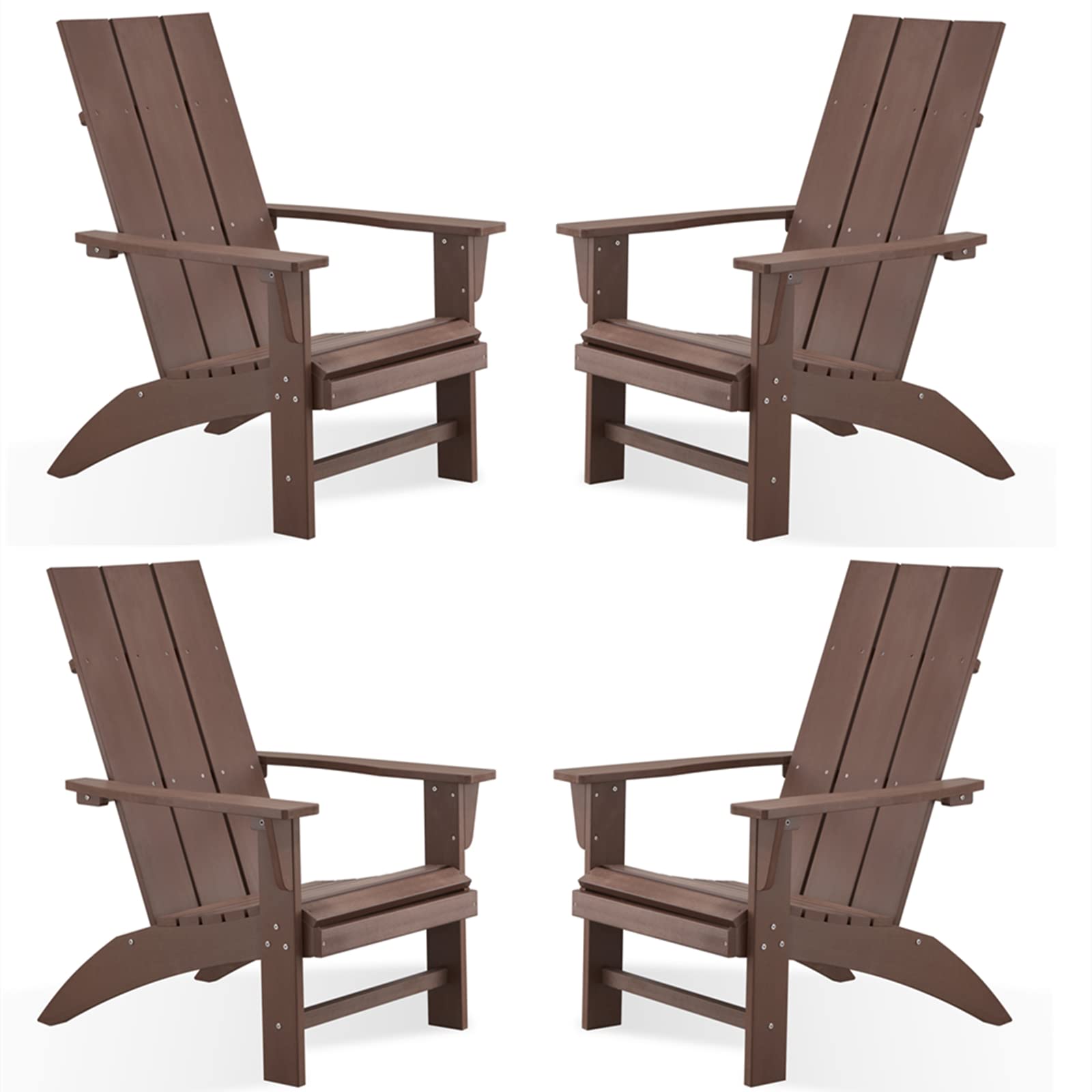 Psilvam Modern Adirondack Chairs Set of 4, Oversized Poly Lumber Fire Pit Chair, 350 Lbs Support Patio Chairs for Garden, Weather Resistant Adirondack Chair Looks Like Real Wood (4, Brown)