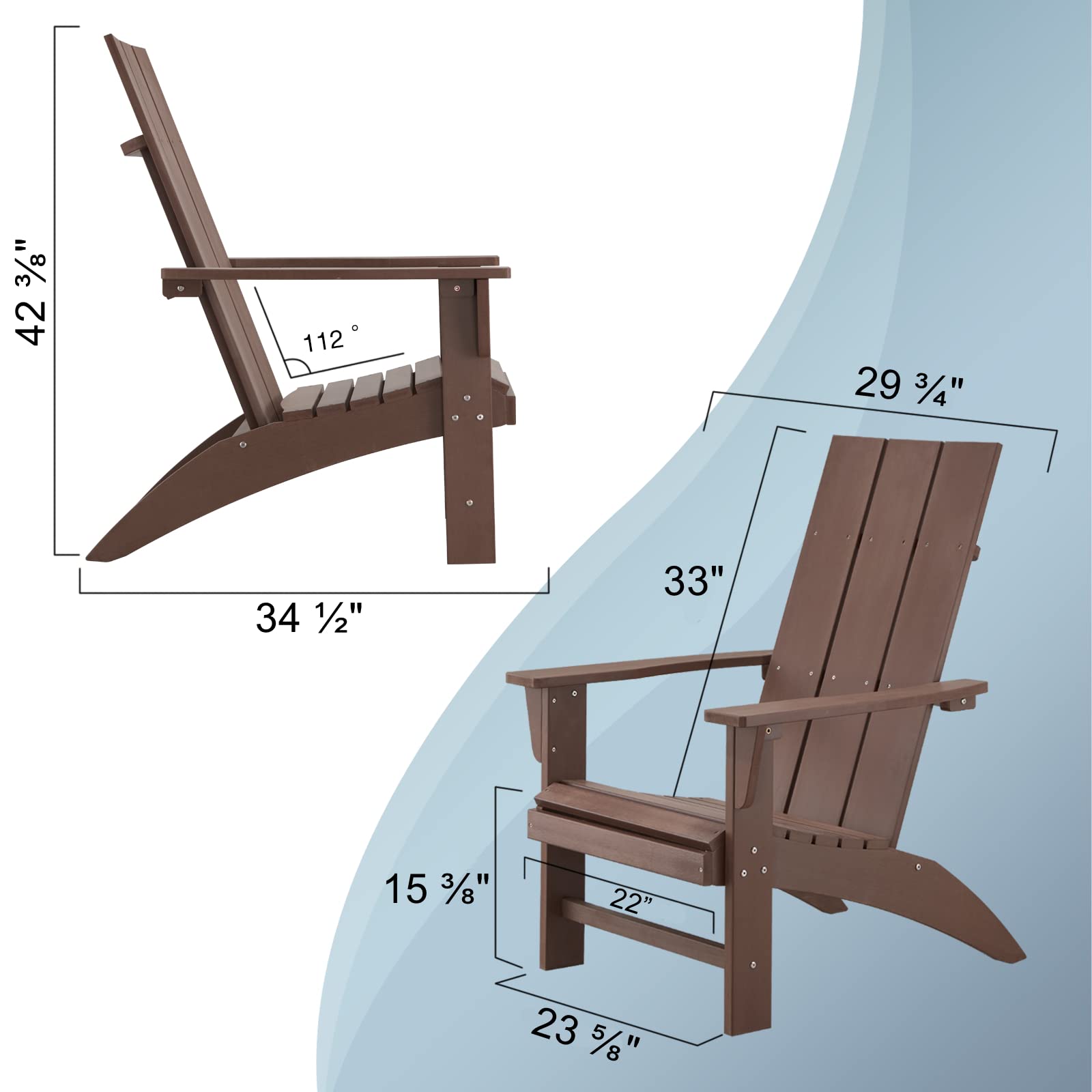 Psilvam Modern Adirondack Chairs Set of 4, Oversized Poly Lumber Fire Pit Chair, 350 Lbs Support Patio Chairs for Garden, Weather Resistant Adirondack Chair Looks Like Real Wood (4, Brown)