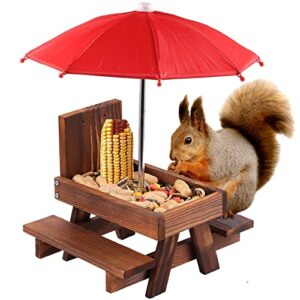 squirrel feeder picnic table with umbrella, wooden squirrel feeders for outside with corn cobs, cute chipmunk feeder with solid structure for squirrel gift (red)