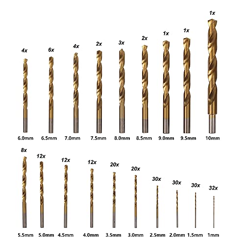 230 Pcs Titanium Coated Twist Drill Bit Set, 4241 HSS 135° Tip Metric Drill Bits Size from 1.0-10mm for Metalworking, Woodworking, Plastic Hole Drilling