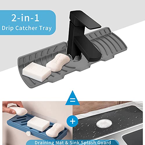 Silicone Faucet Handle Drip Catcher Tray，Sink Mat、Sink Protectors for Kitchen Sink Accessories Sponge Holder,Drip Protector Splash Countertop,Bathroom Faucet Accessories Drying Pad (Gray 1PCS)